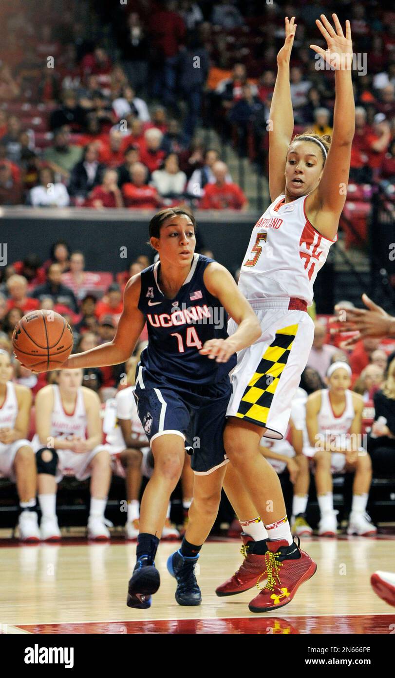 Maryland's Malina Howard, right, defends against Connecticut's Bria ...
