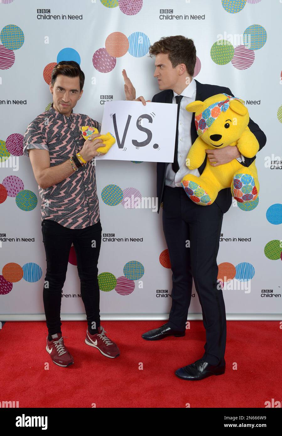 Russell Kane and Greg James pose with Pudsey Bears backstage at the BBC ...