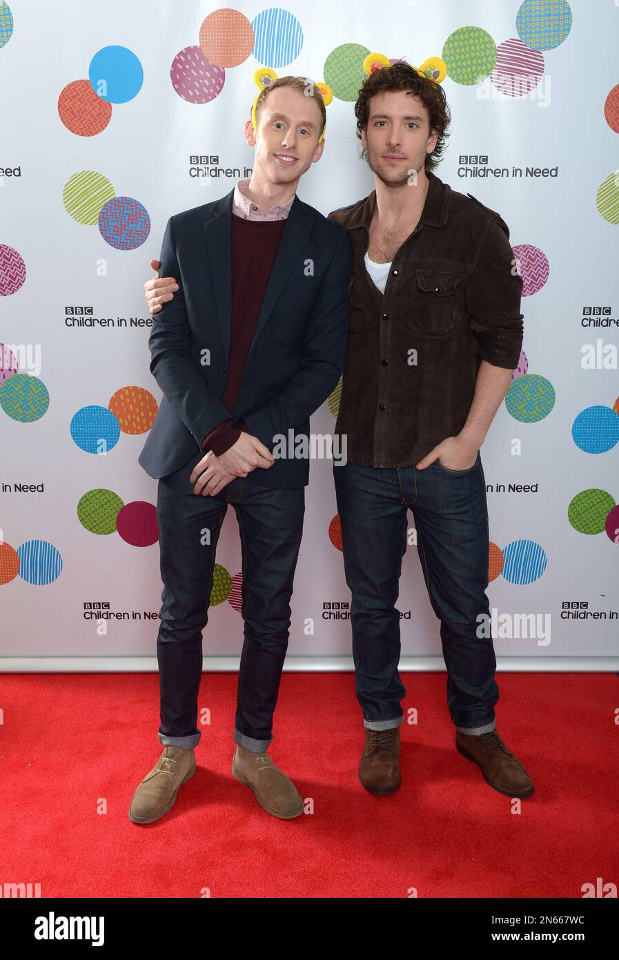 Actors Robert Emms and Jack Donnelly pose backstage at the BBC Children ...