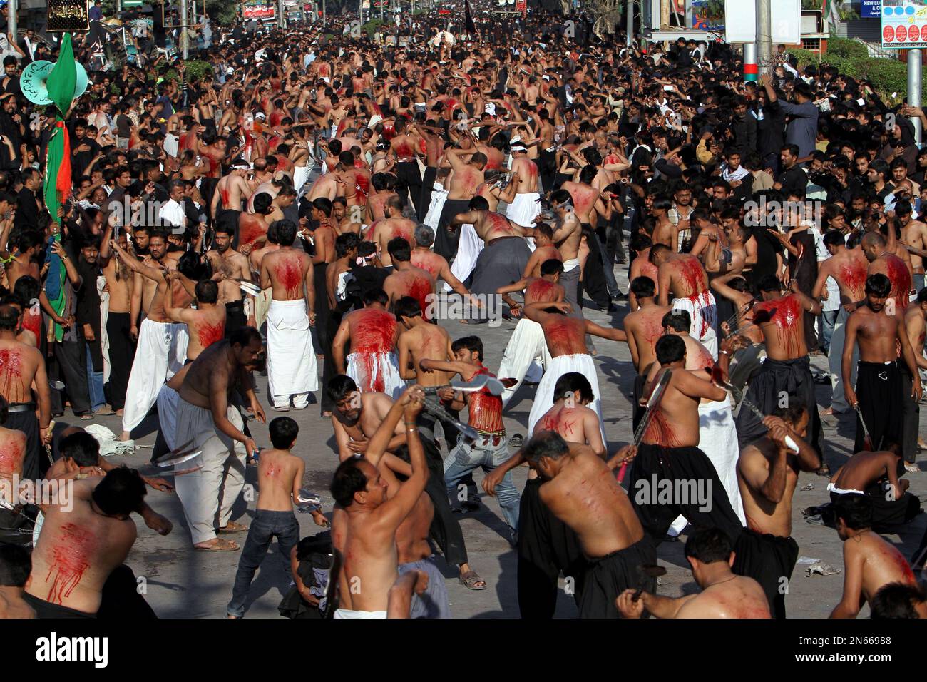 Pakistani Shiite Muslims beat themselves with knives attached to a ...