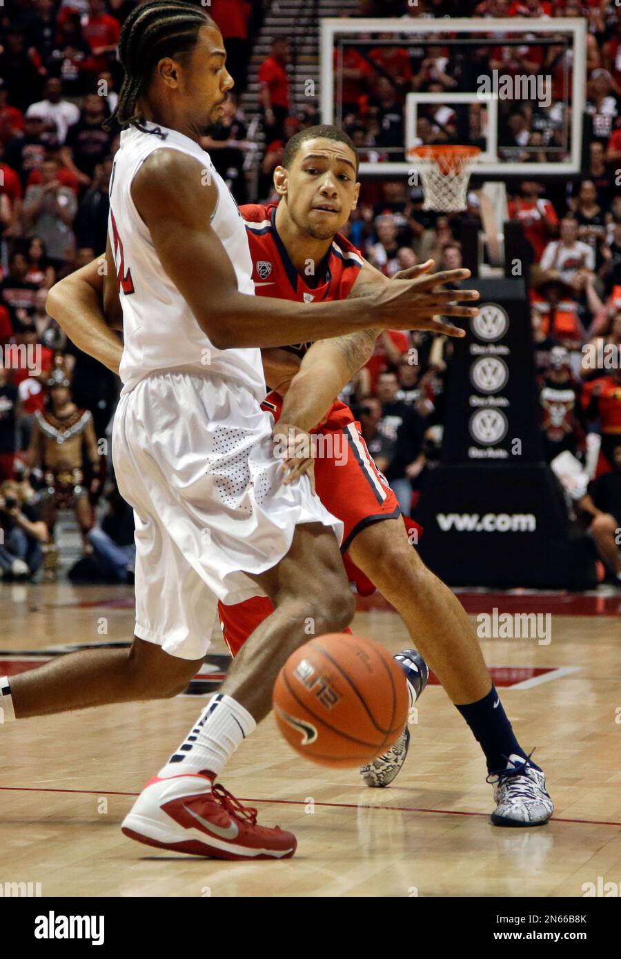 Arizona forward Brandon Ashley, right, slips a pass under San Diego ...