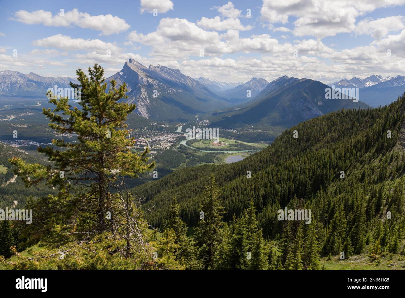 View of the town of Banff from the top of the mountain. Hiking ...