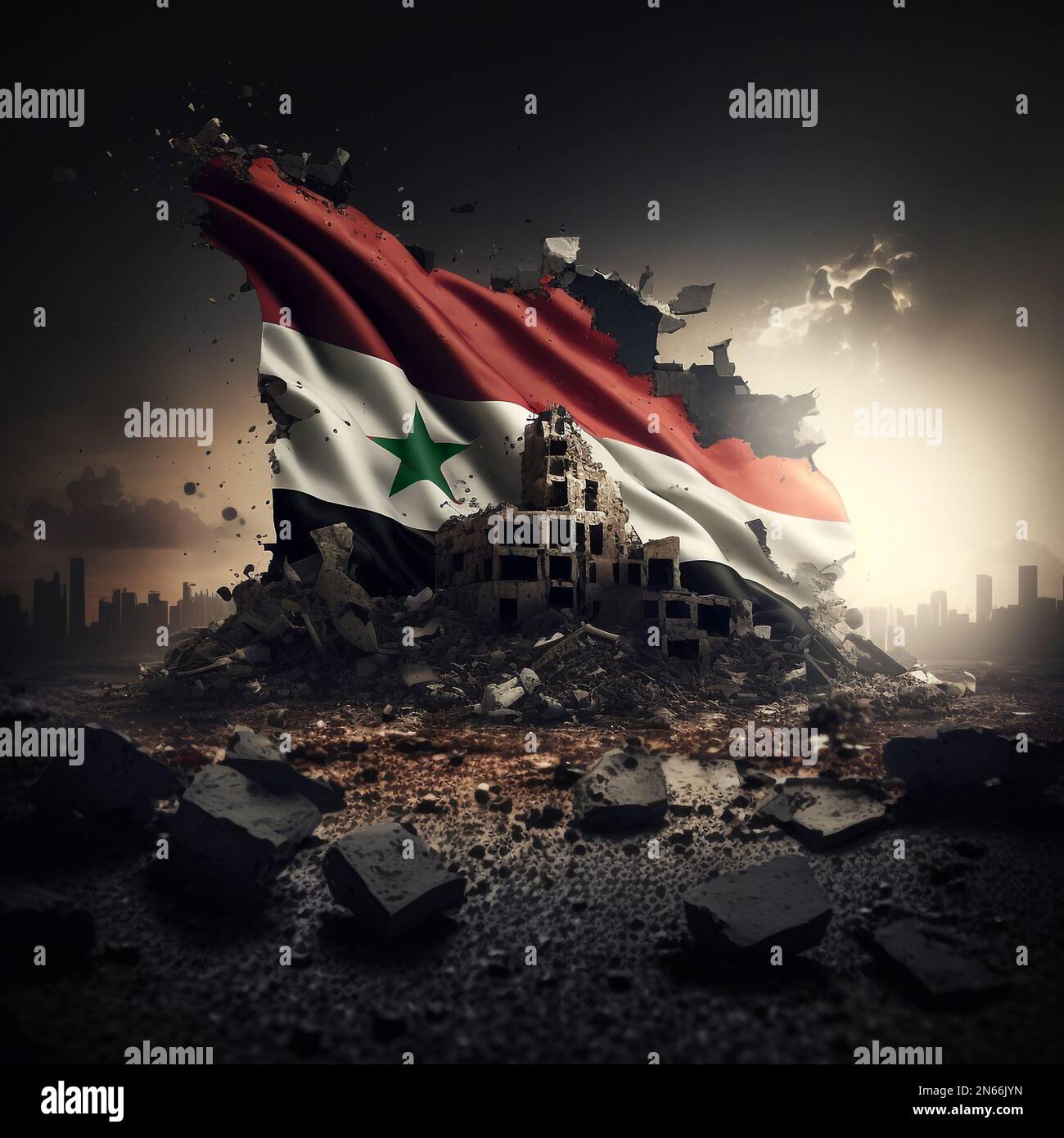 The Syrian flag flies over the state after the earthquake. Ruins ...
