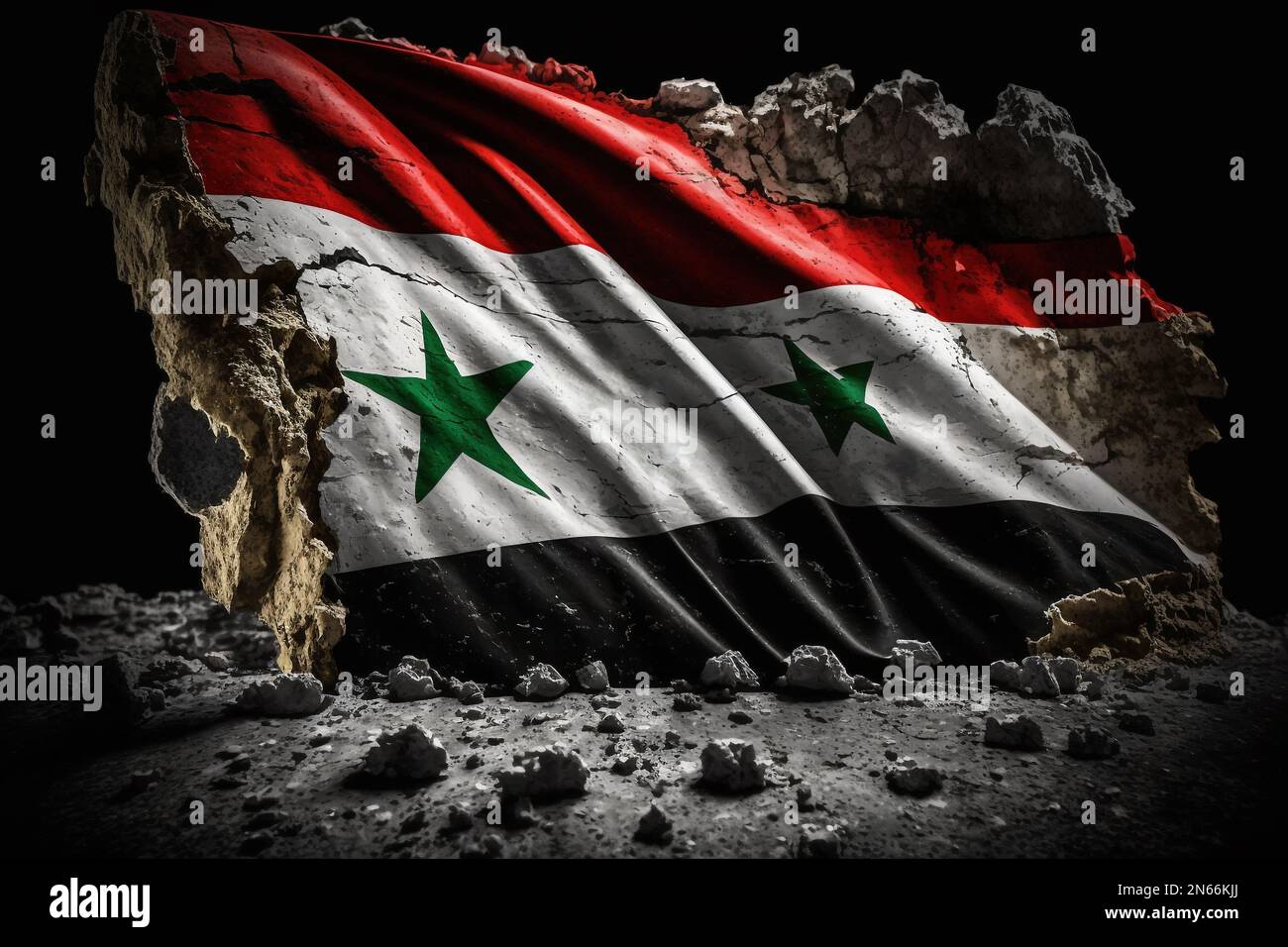 The Syrian flag flies over the state after the earthquake. Ruins ...