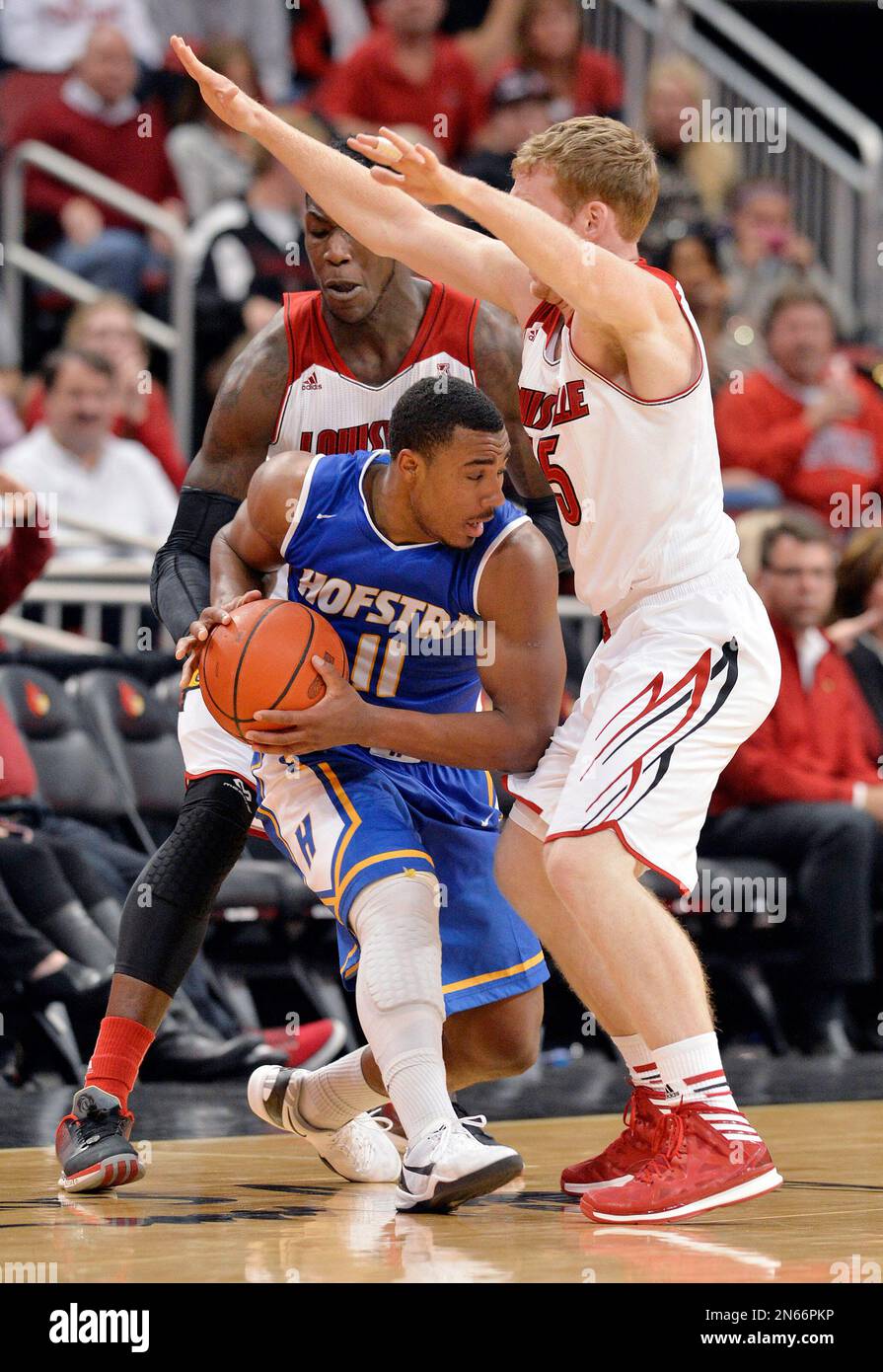 Hofstra's Dion Nesmith, center, looks for help from the defense of ...