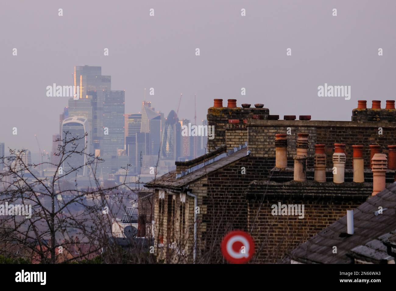 London, UK Crystal Palace house chimneys seen next to the City of ...