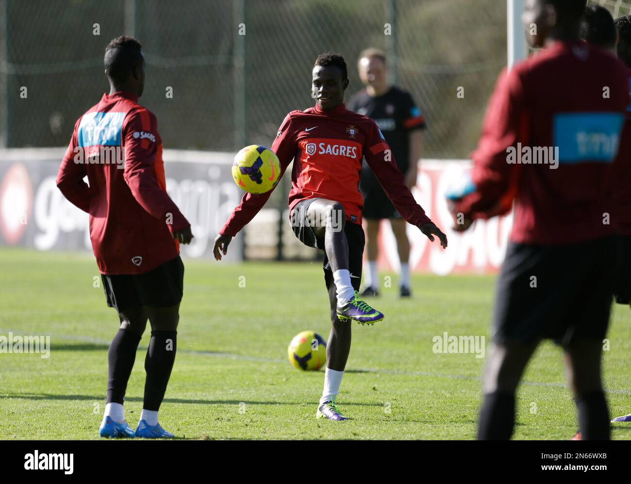 Portugal's forward Bruma plays with a ball during a training session ...
