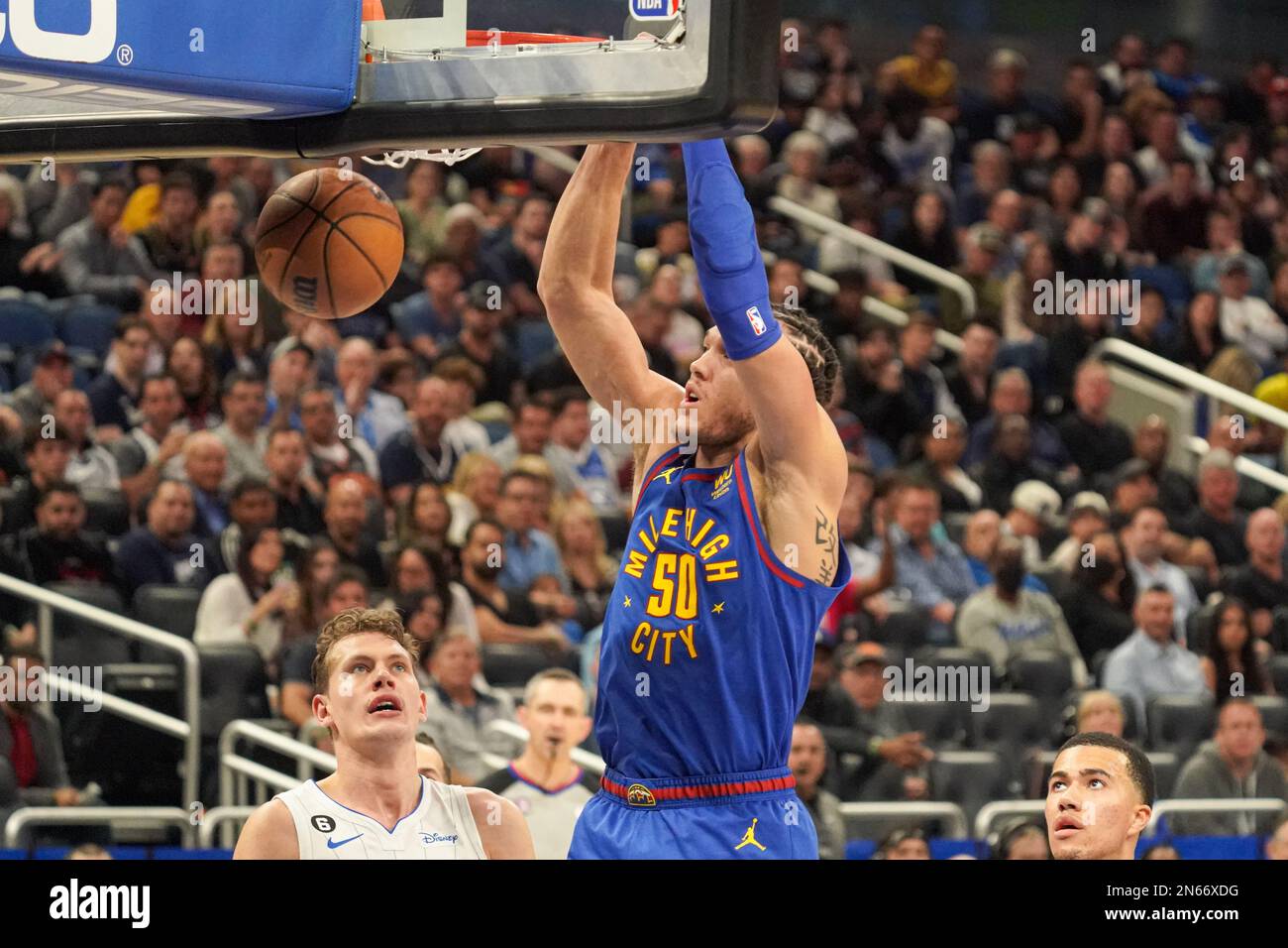 Orlando, Florida, USA, February 9, 2023, Denver Nuggets forward Aaron Gordon #50 makes a dunk in ...