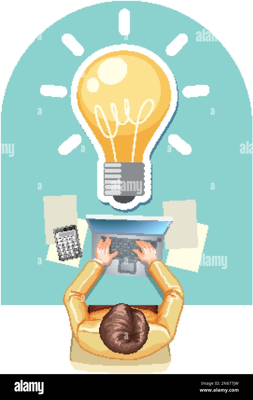 Aerial view of man working and light bulb illustration Stock Vector ...