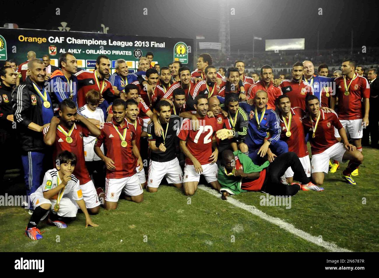 Egyptian Al Ahly club team players pose for a photograph after winning ...