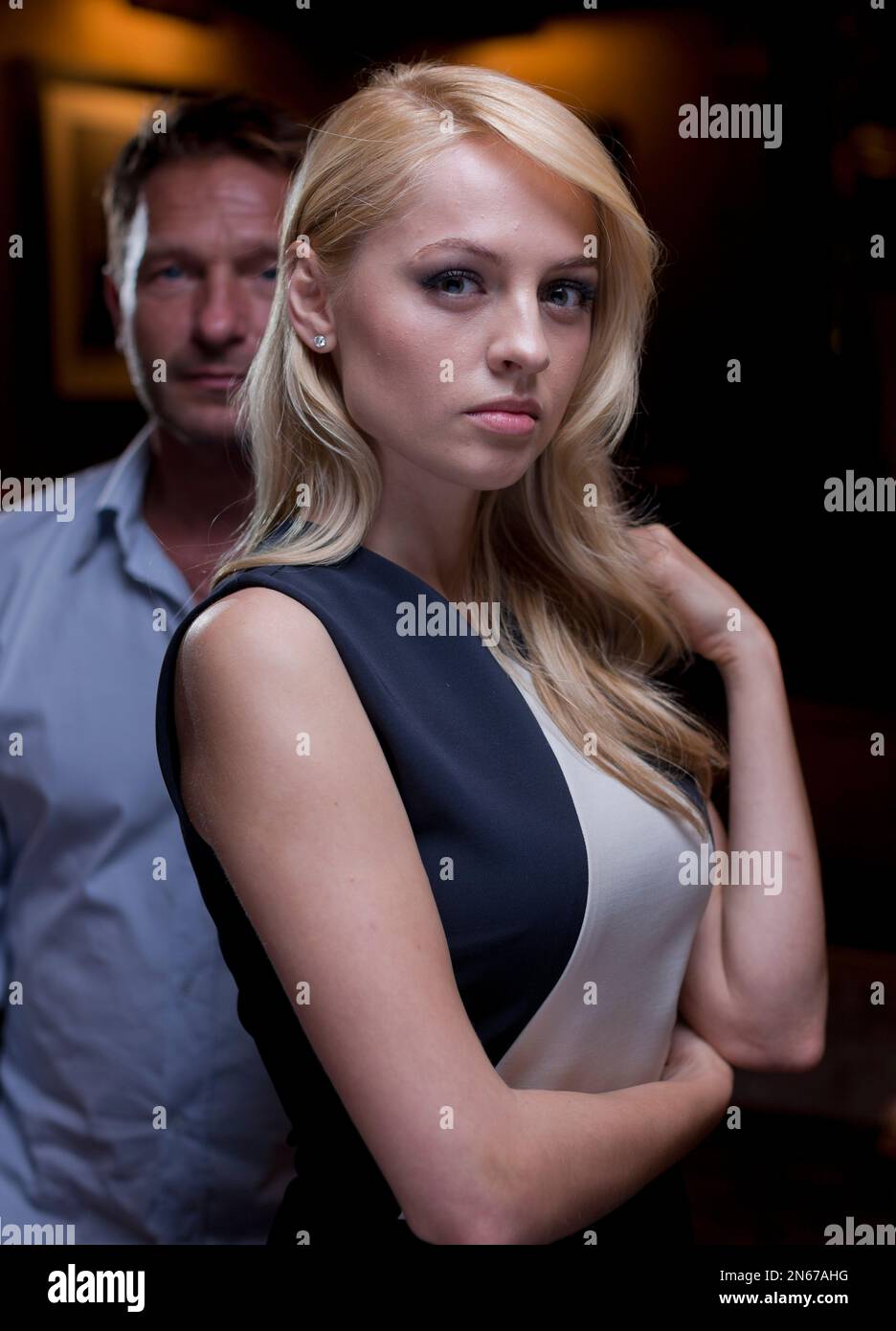 Actress Yanina Studilina poses for portraits in front of actor Thomas ...