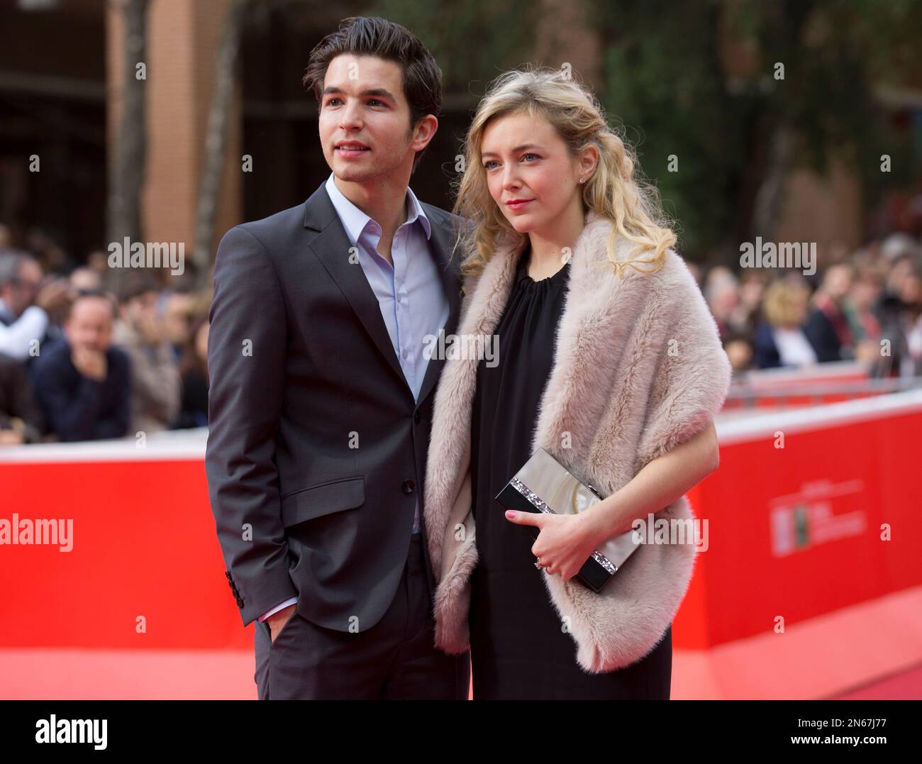 Actors Evelien Bosmans, left, and Matteo Simoni arrive for the ...