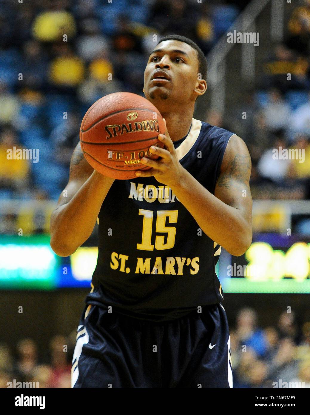 Mount St Mary's Gregory Graves (15) prepares to shoot a free throw ...