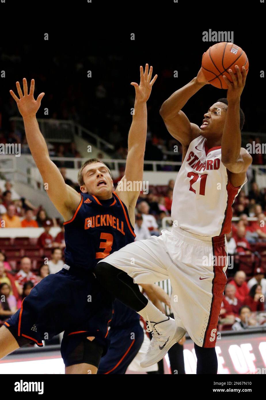 Stanford's Anthony Brown (21) shoots next to Bucknell's Steven Kaspar ...