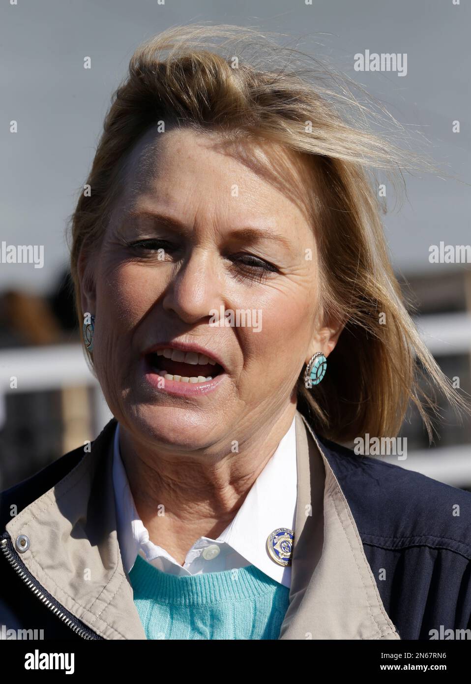 Sponsor of the ship, Susan Ford Bales, stands in front of the Navy's ...