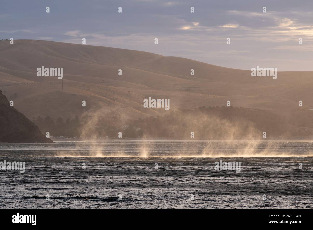 High winds across the water cause spindrift near Second Valley, South ...