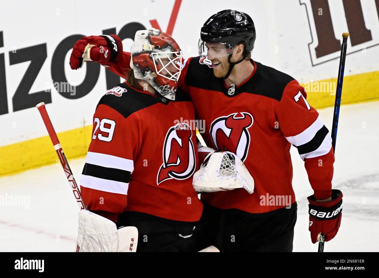 New Jersey Devils goaltender Mackenzie Blackwood (29) and defenseman ...