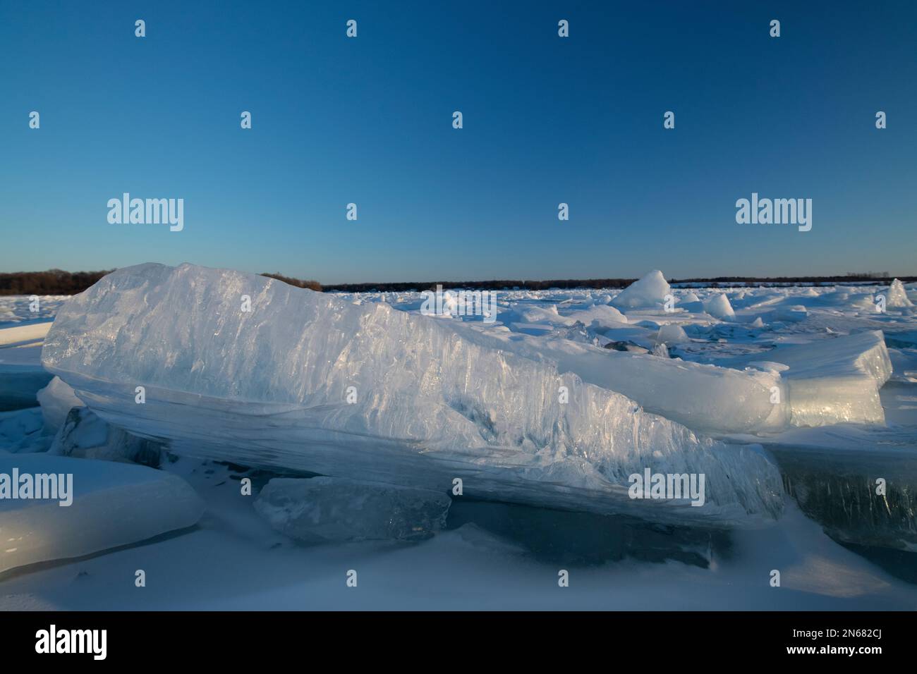 The Saint Lawrence River frozen over with big chunks of ice, winter ...