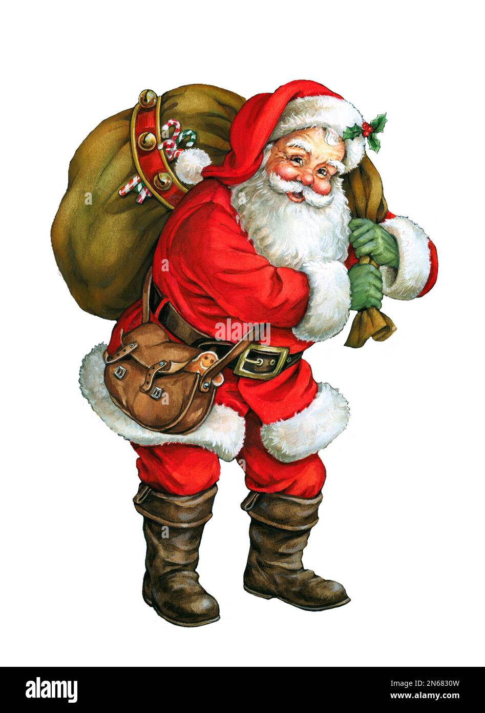Santa full length with on white with sack on back & satchel Stock Photo ...