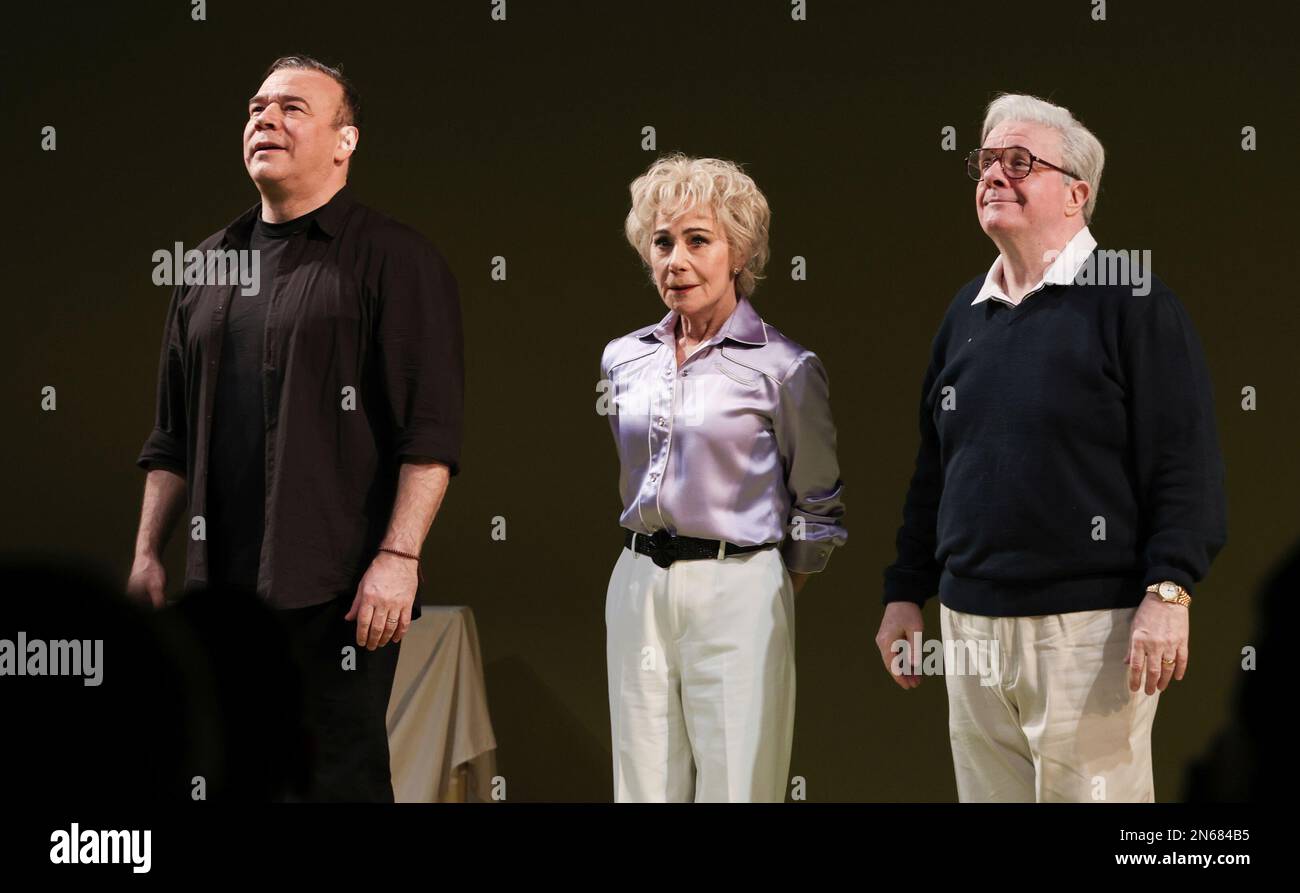 Danny Burstein, left, Zoe Wanamaker, and Nathan Lane appear on stage ...