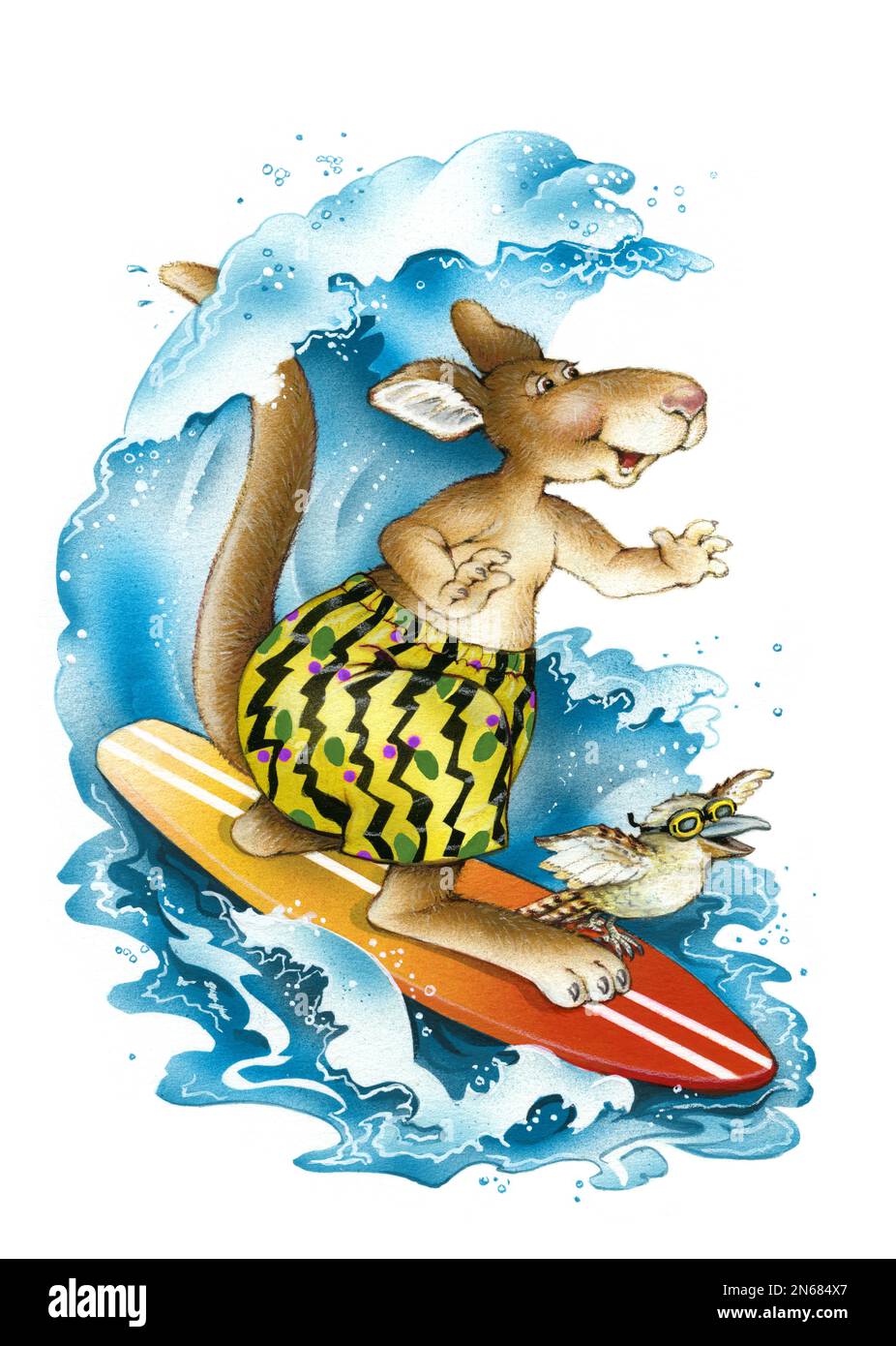 kangaroo cartoon character riding a surfboard on wave Stock Photo - Alamy