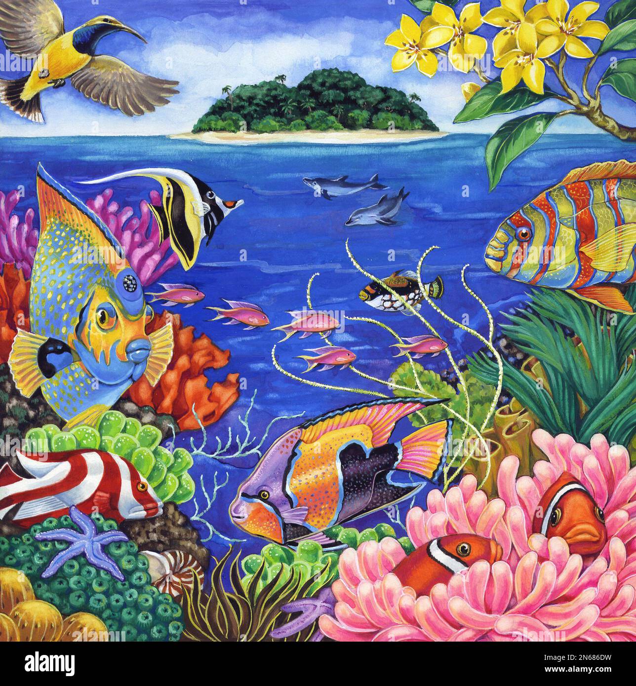Tropical fish on the Barrier Reef hand drawn illustration Stock Photo ...