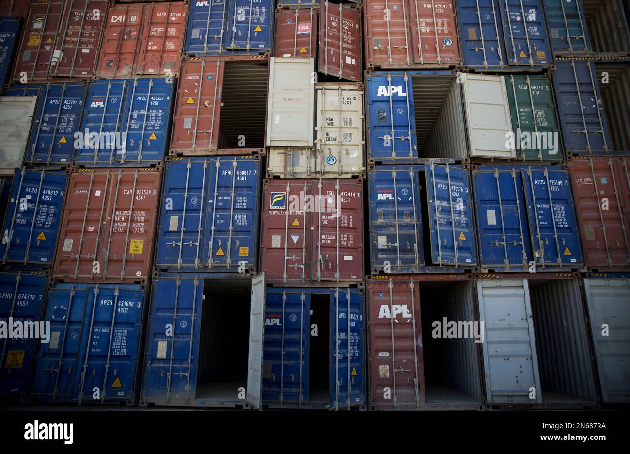 In this Monday, Oct. 28, 2013 photo, multi-storied stacks of shipping ...
