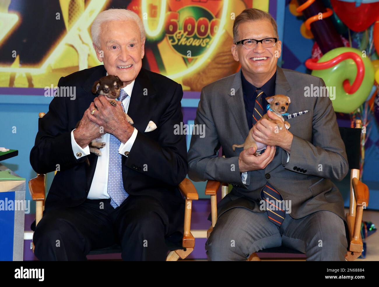 Bob Barker, left, and Drew Carey pose for a photo on the set of "The ...