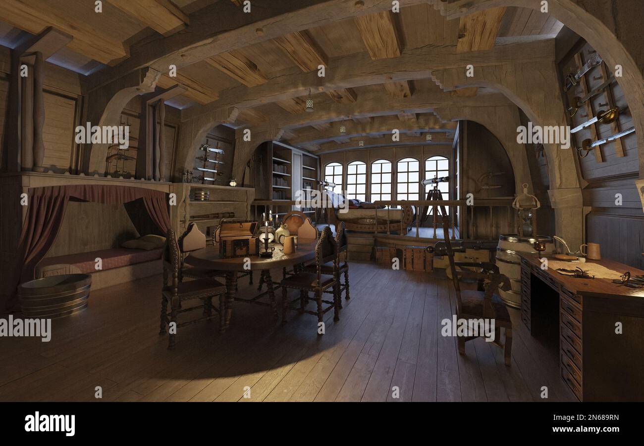 3D illustration old pirate ship cabin interior Stock Photo - Alamy