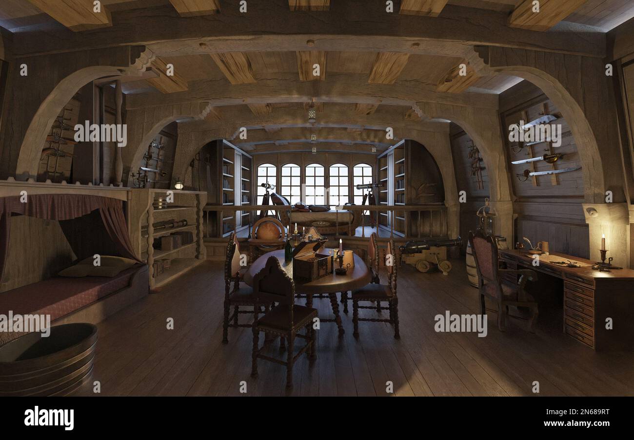 3D illustration old pirate ship cabin interior Stock Photo - Alamy