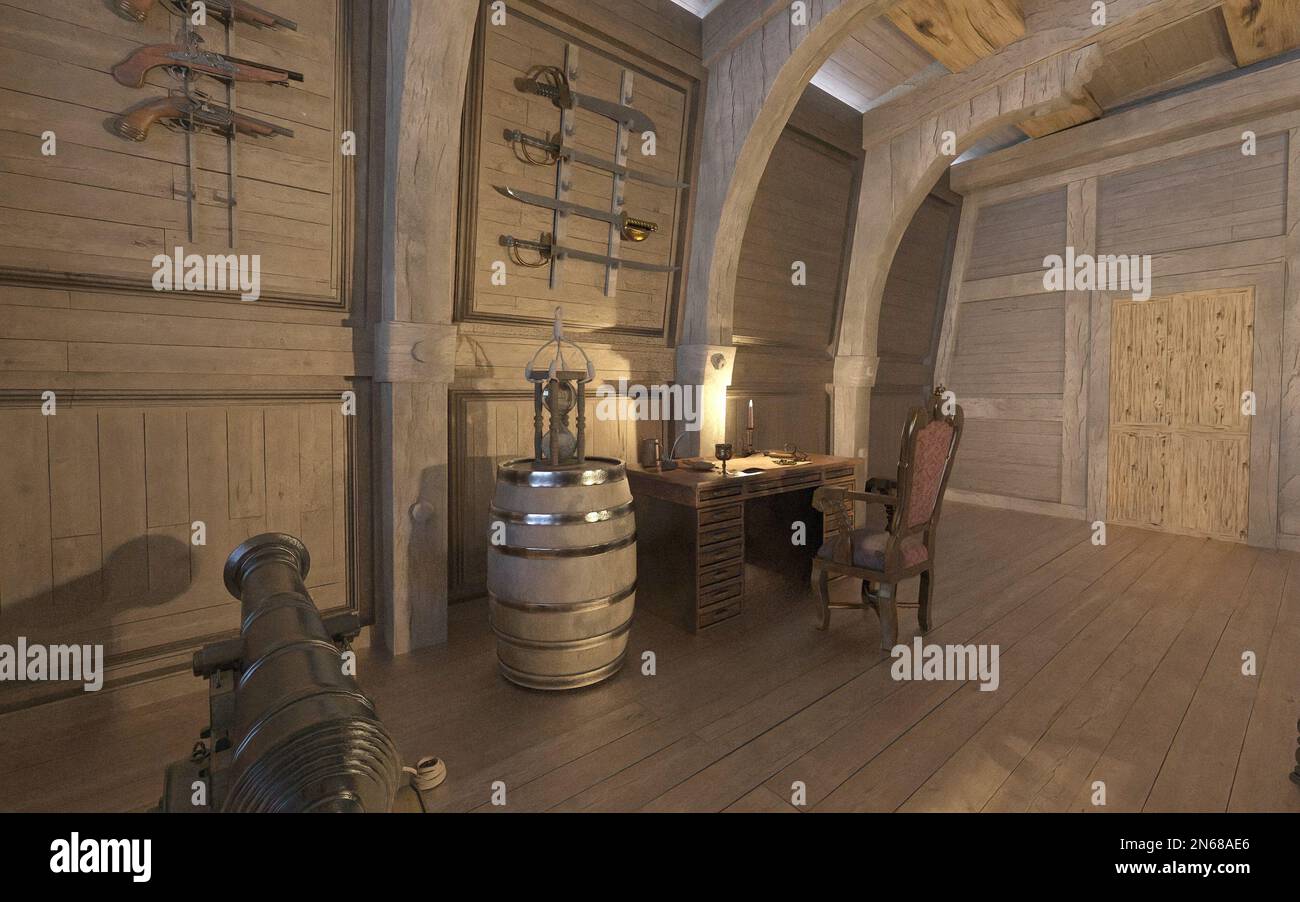 3D illustration old pirate ship cabin interior Stock Photo - Alamy