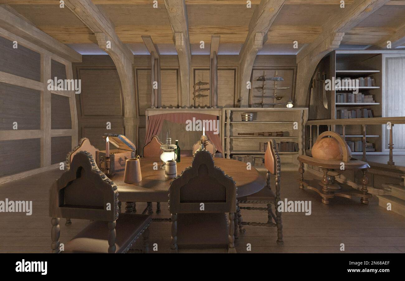 3D illustration old pirate ship cabin interior Stock Photo - Alamy