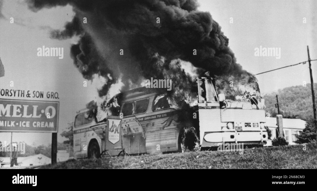 A Freedom Rider bus went up in flames when a fire bomb was tossed ...