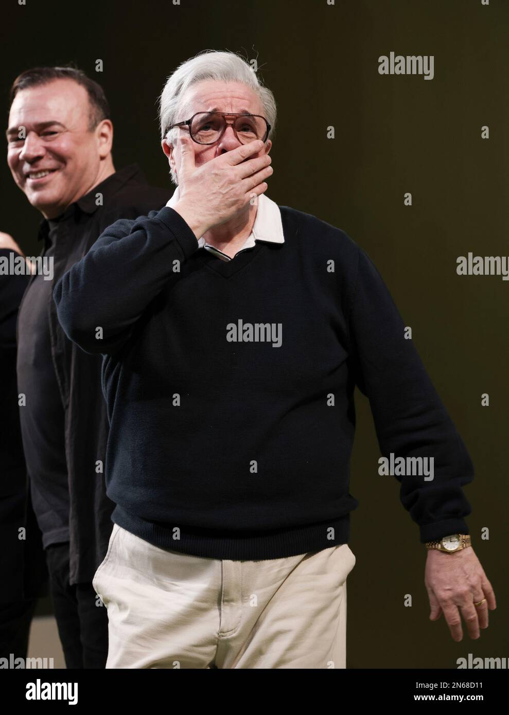 Nathan Lane appears on stage during the curtain call of "Pictures From ...