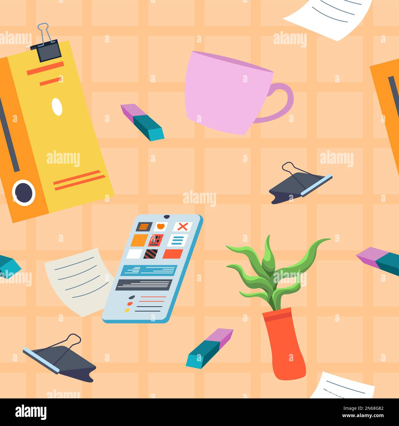 Notebooks and eraser, binders and clippers, plant and cup for coffee or ...