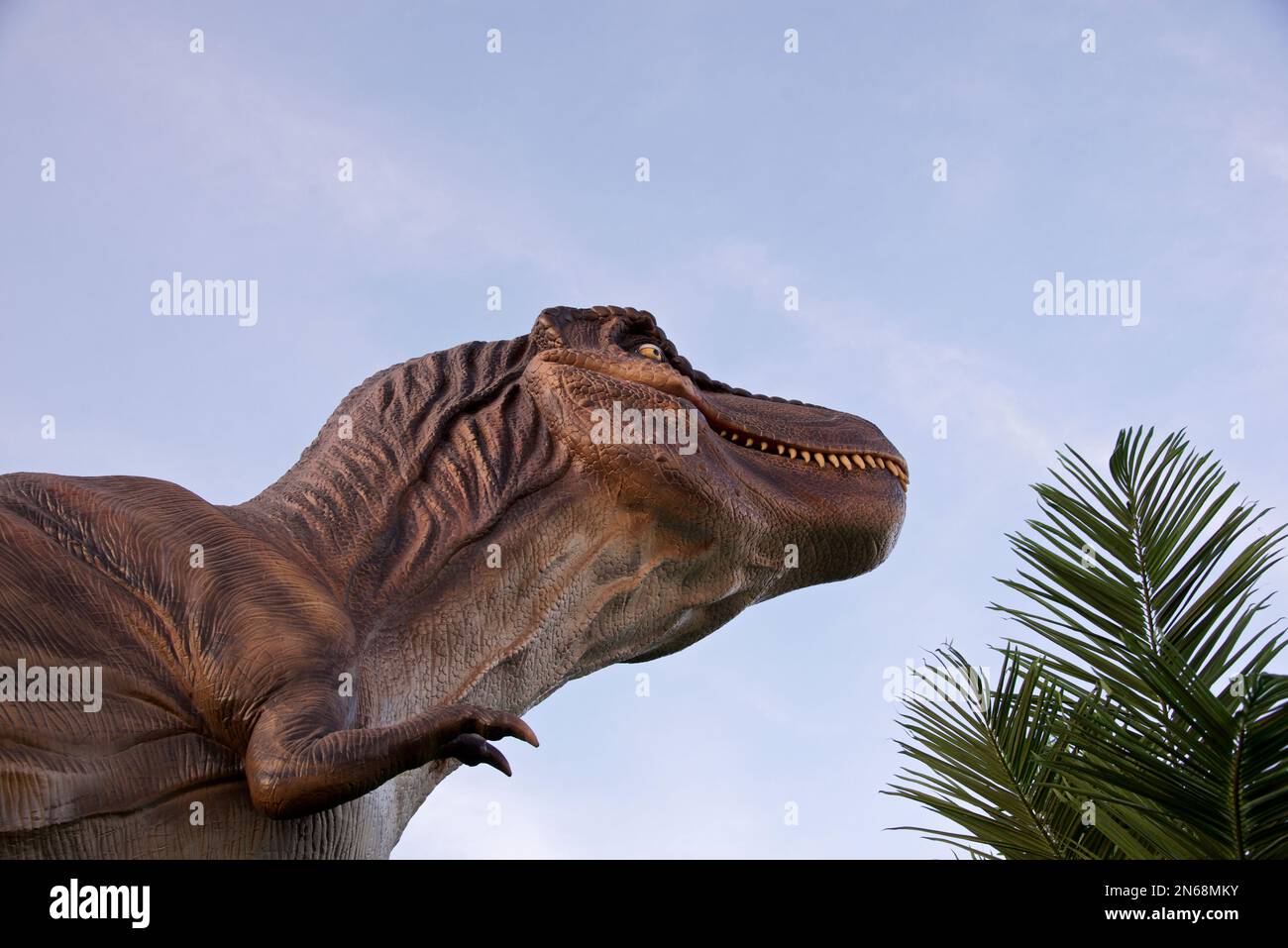 A life-size model of a Tyrannosaurus rex is displayed outdoors Stock ...