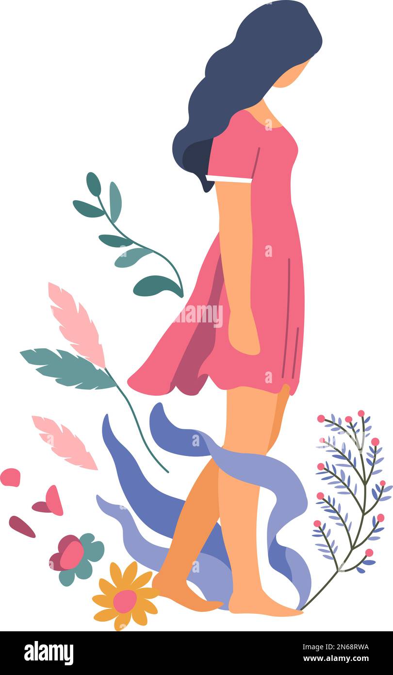 Female character surrounded by flowers, bouquets and foliage, ribbon ...