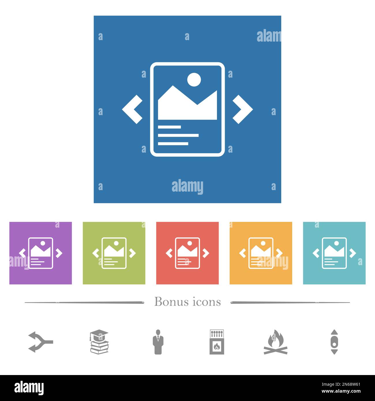 Image slideshow with captions flat white icons in square backgrounds. 6 ...