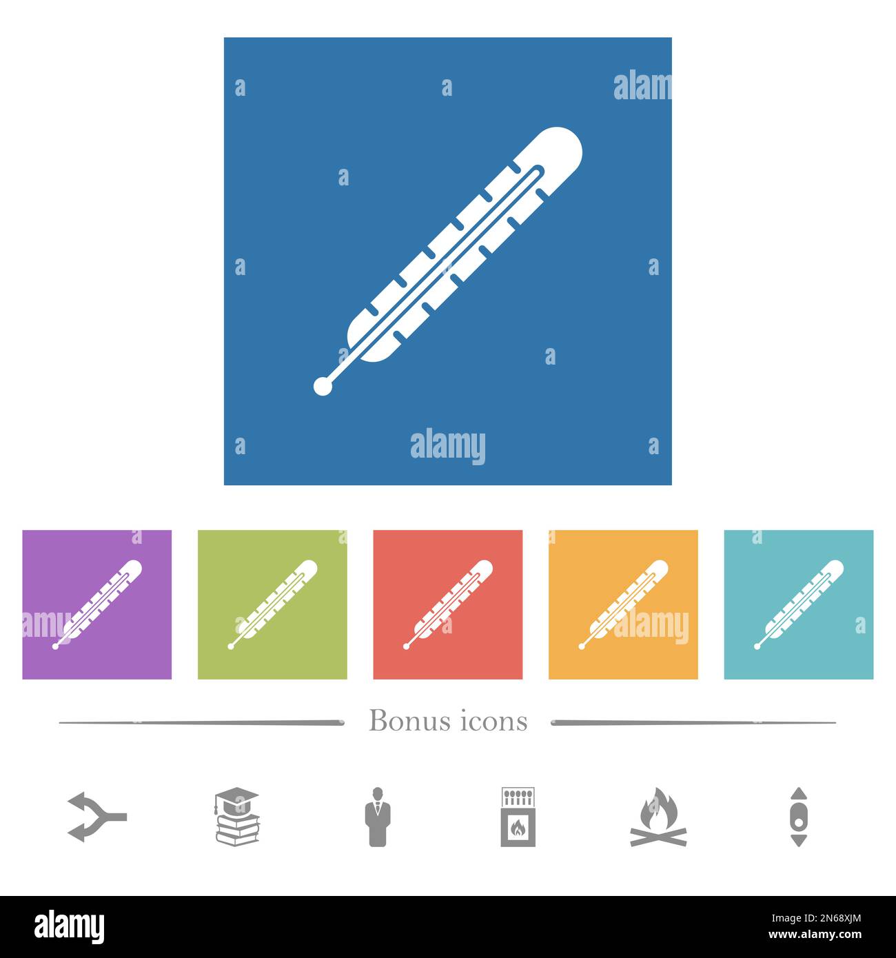 Fever thermometer solid flat white icons in square backgrounds. 6 bonus icons included Stock ...