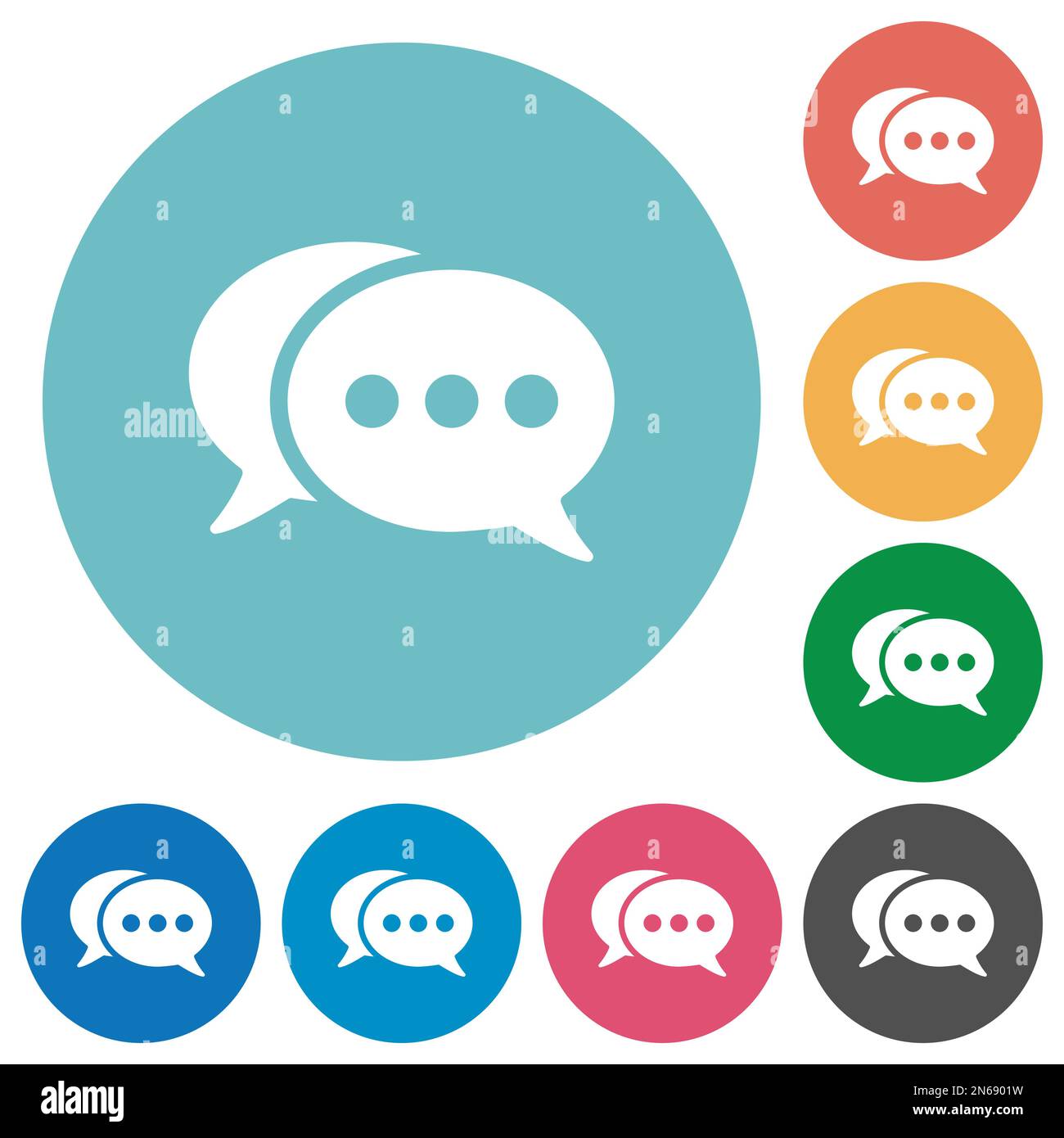 Two oval active chat bubbles solid flat white icons on round color ...