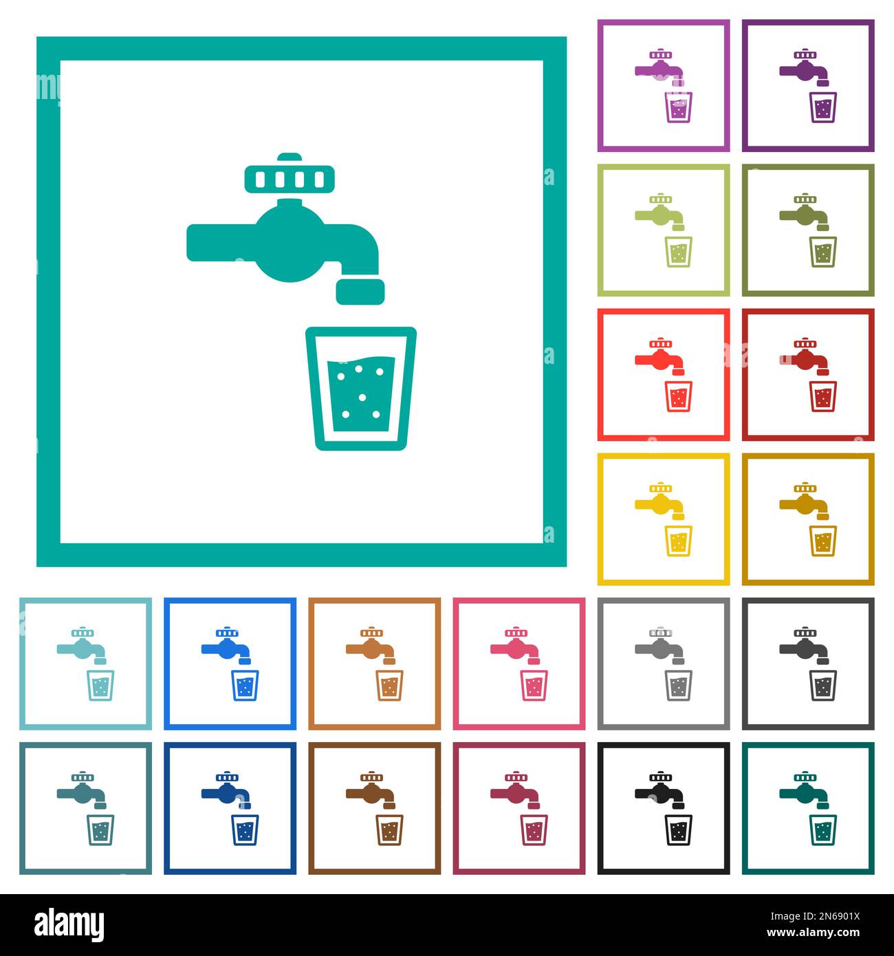 Drinking water flat color icons with quadrant frames on white ...