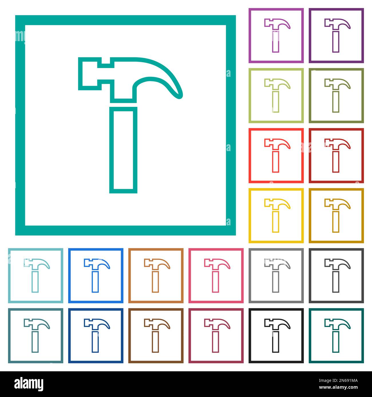 Hammer outline flat color icons with quadrant frames on white ...