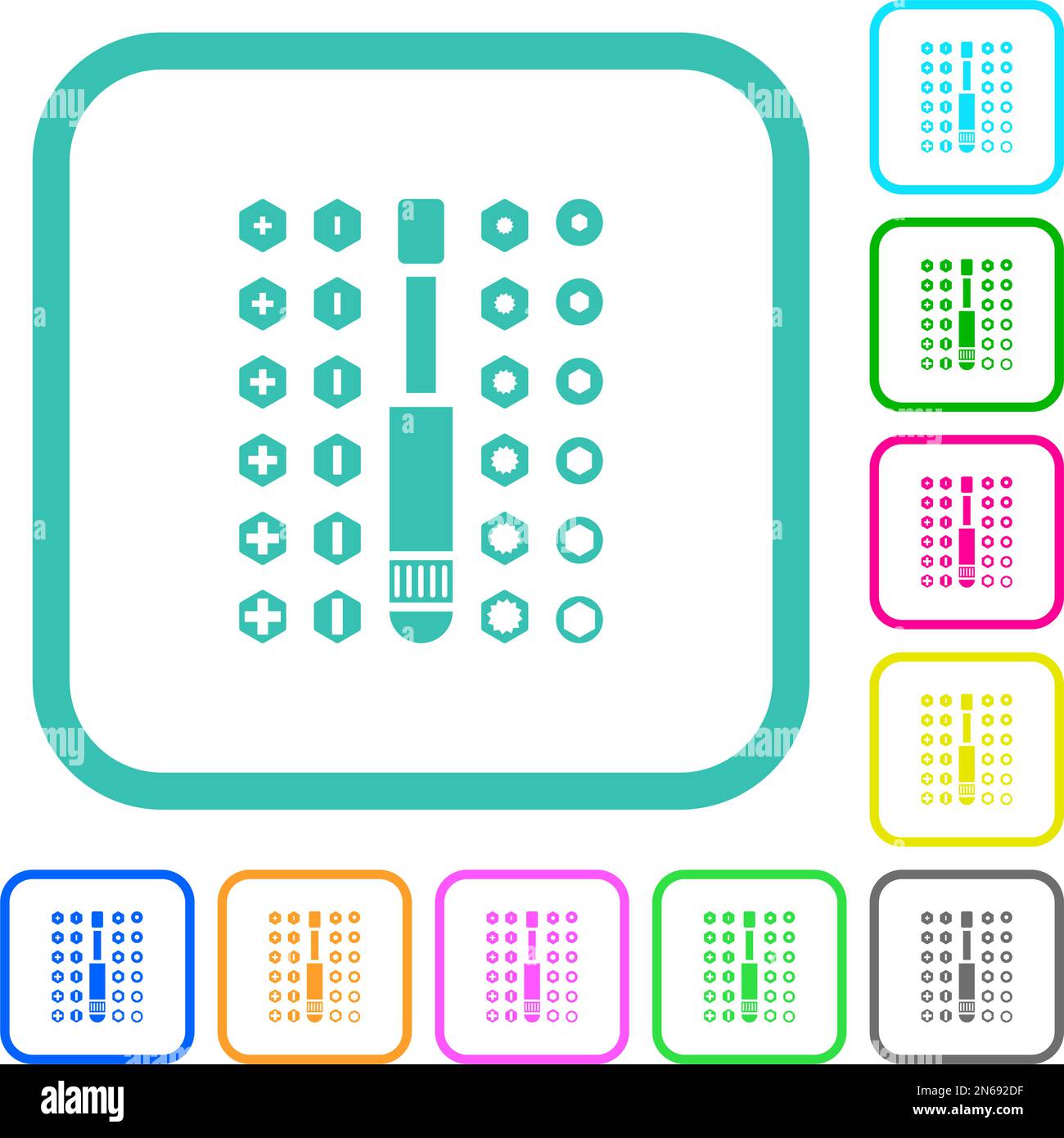 Set of screwdriver bits vivid colored flat icons in curved borders on ...