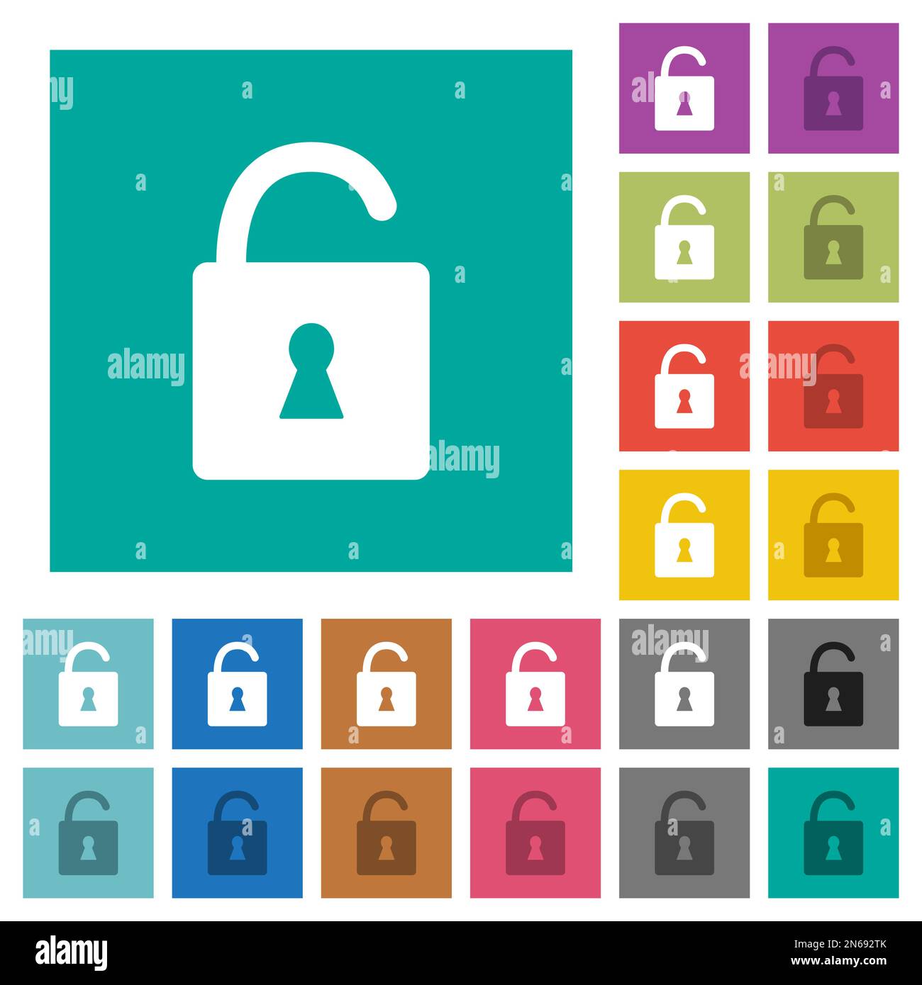 Unlocked padlock with keyhole multi colored flat icons on plain square ...