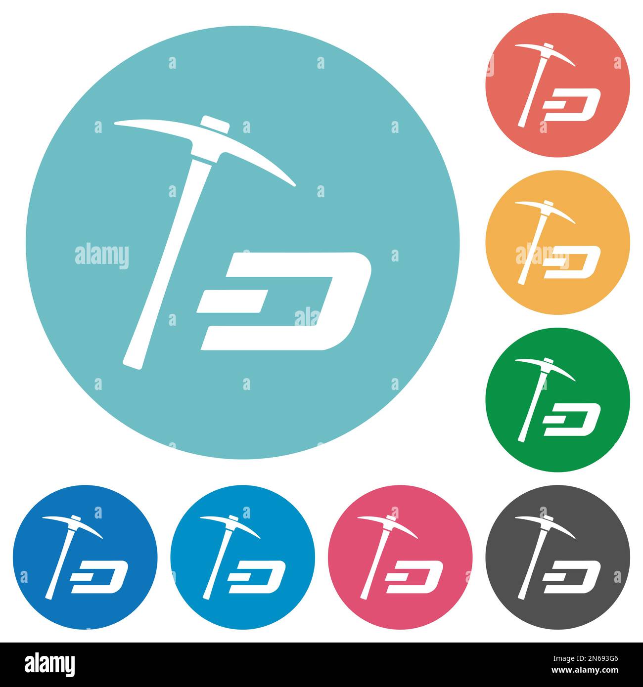 Dash cryptocurrency mining with treasure flat white icons on round ...