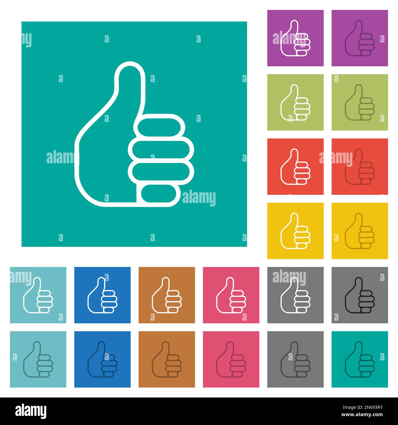 Left handed thumbs up outline multi colored flat icons on plain square ...