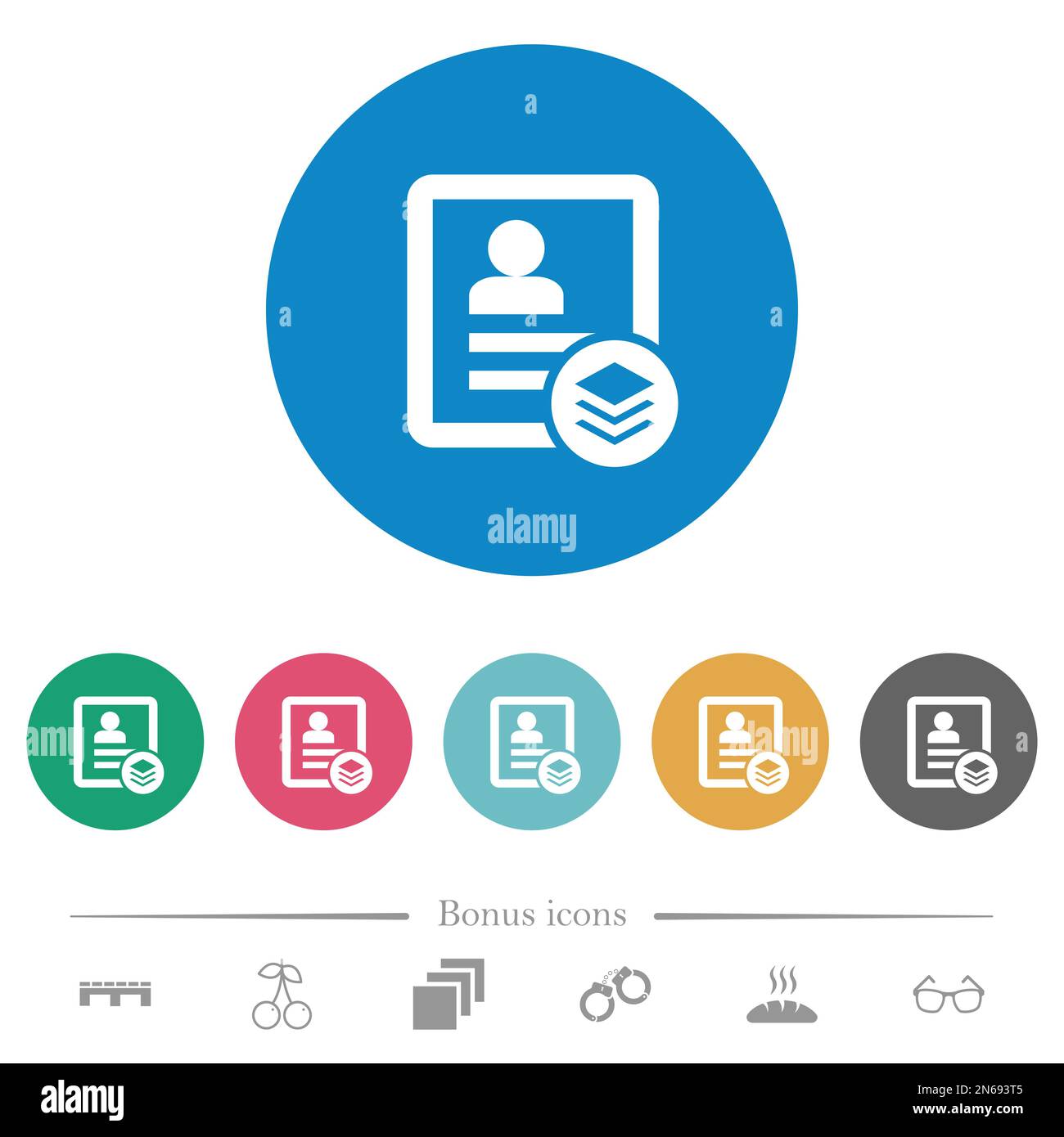 Multiple contacts flat white icons on round color backgrounds. 6 bonus ...
