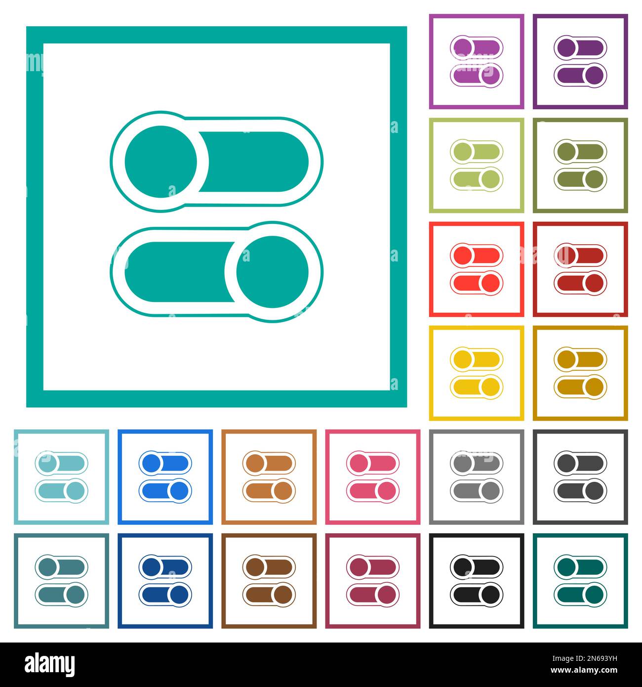 Horizontal toggle switches alternate flat color icons with quadrant frames on white background ...