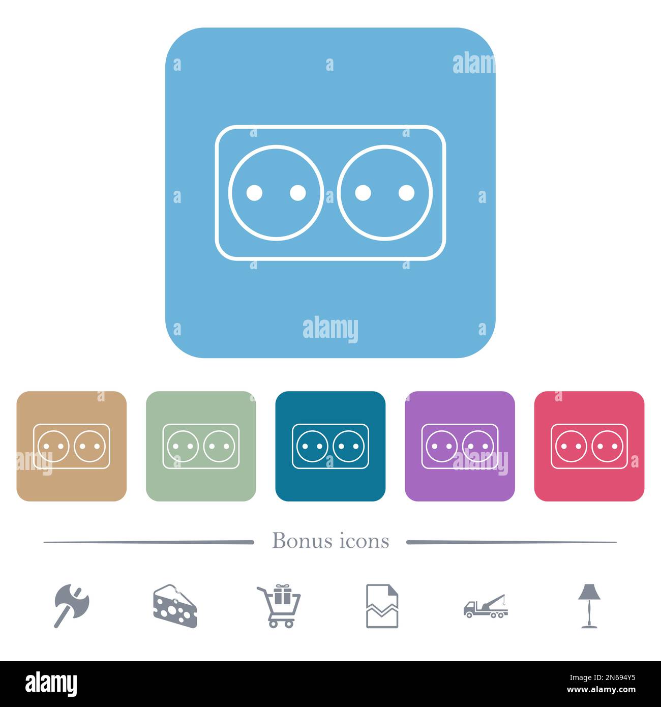 Electrical outlet with two sockets outline white flat icons on color rounded square backgrounds ...