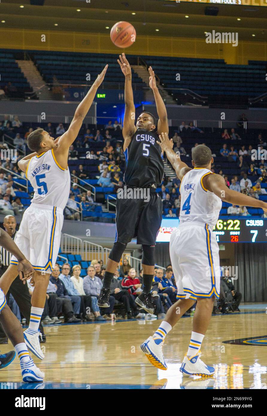 Cal State San Bernardino's Donte Medder shoots over UCLA's Kyle ...